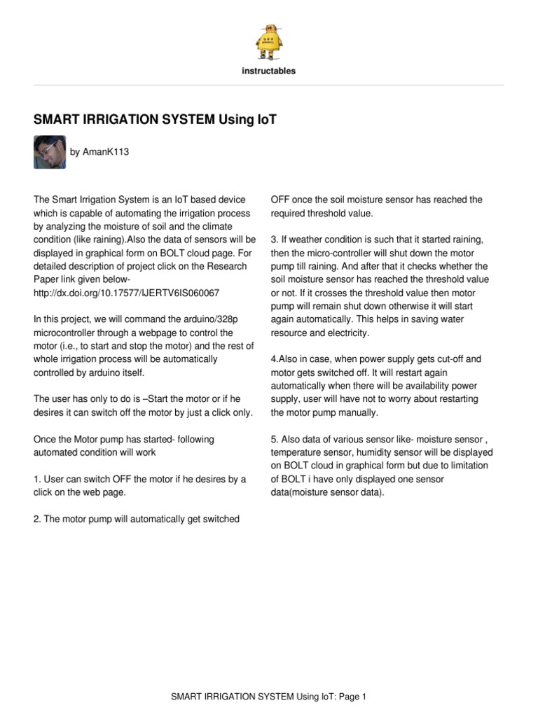 SMART IRRIGATION SYSTEM Using IoT PDF | Download Free PDF | Arduino | Internet Of Things