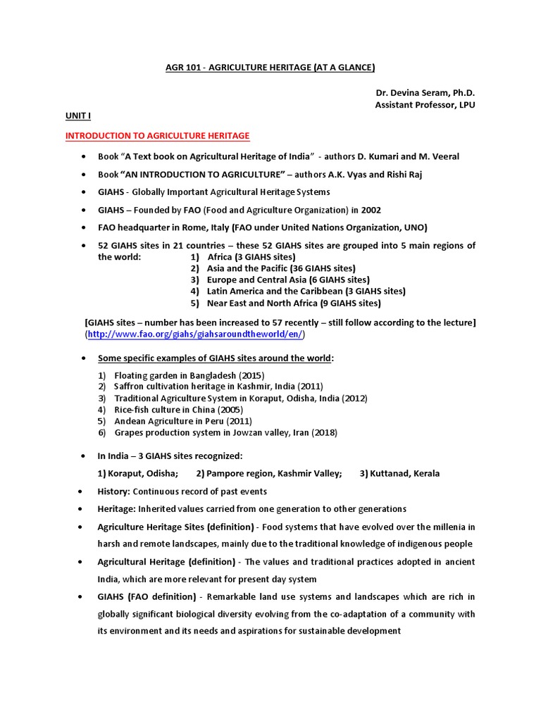 Agr 101 Unit 1 2 3 Agriculture Heritage at A Glance | PDF | Traditional ...