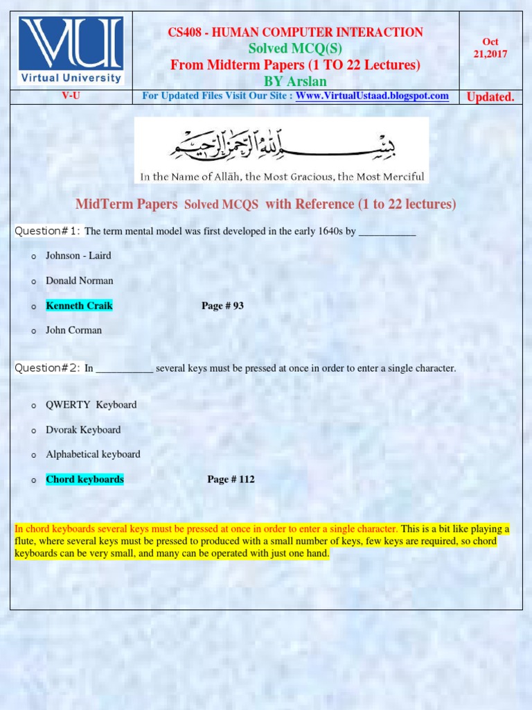 CS408-MidTerm MCQs With Refrence Solved by Arslan | PDF | Usability | Graphical User Interfaces