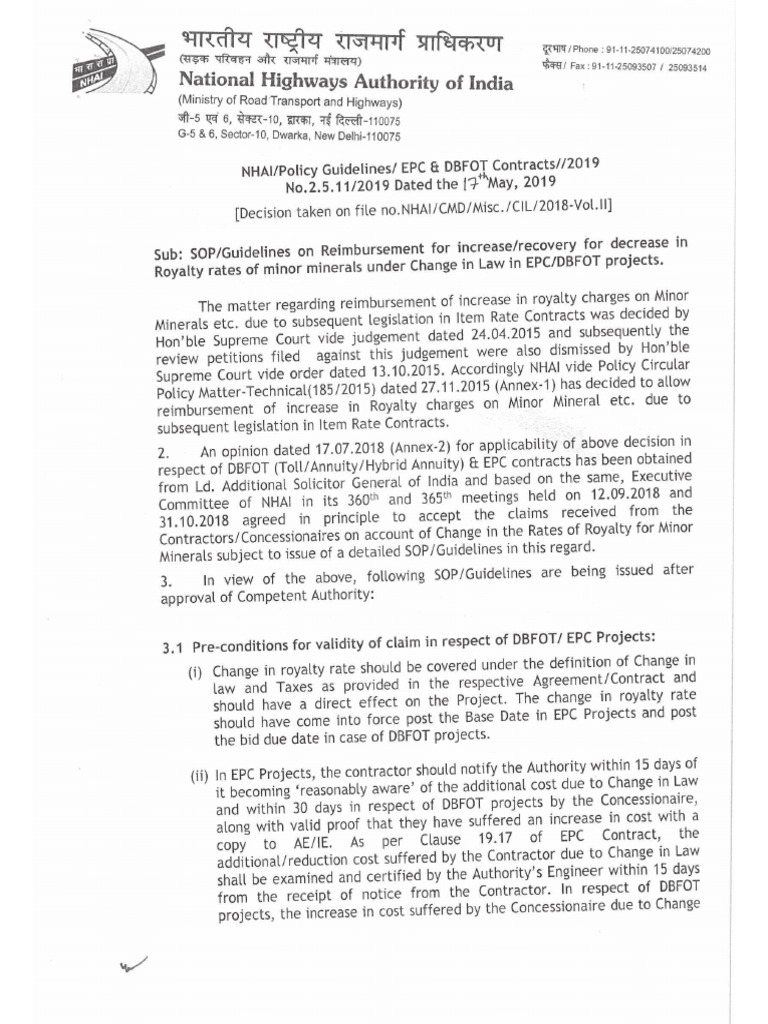 NHAI Circular No. 2.5.11 SOP Guidelines For CIL Royalty | PDF