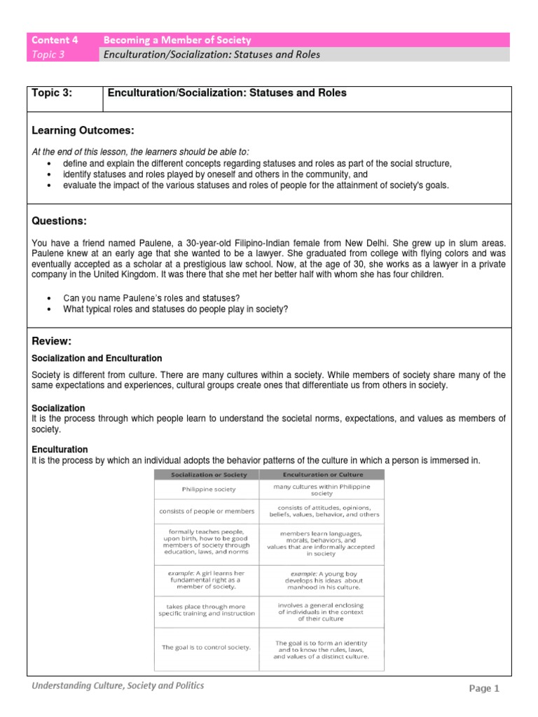 Topic 3 Statuses and Roles | Download Free PDF | Socialization | Society