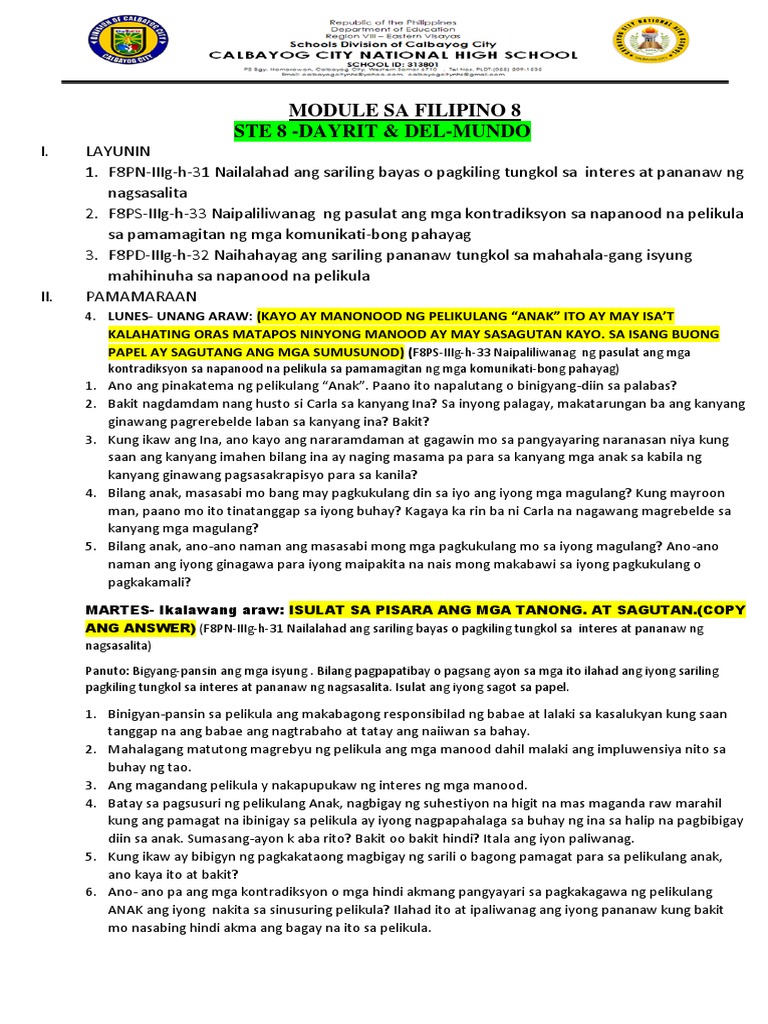 MODULE SA FILIPINO 8 2019, Pelikula STE | PDF