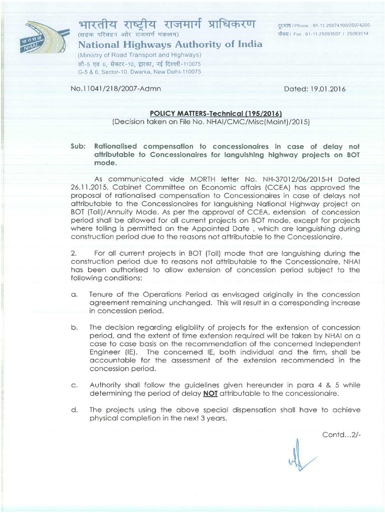 NHAI Circular Technical 195 - 2016 Extension of Concession Period PDF | PDF