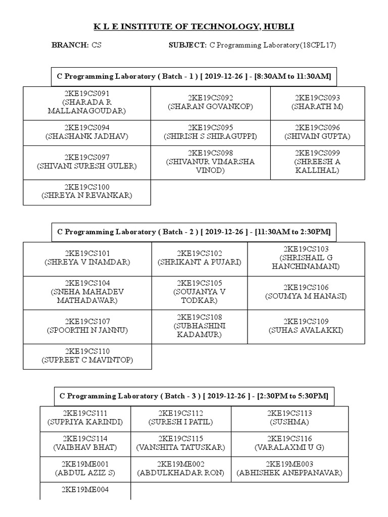 1st Year Practical Batch List 2019-20 | PDF