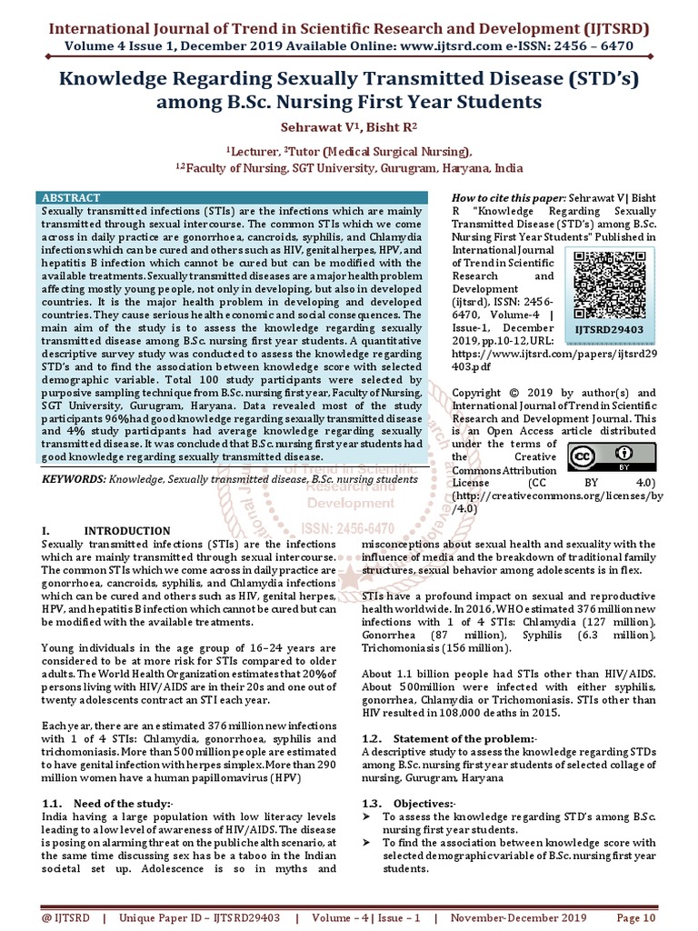 Knowledge Regarding Sexually Transmitted Disease (STD'S) Among B.Sc ...