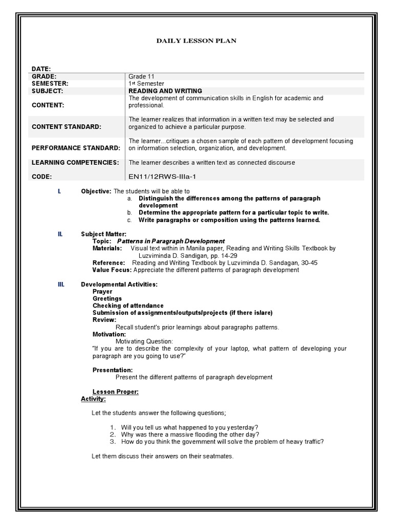 Reading and Writing Lesson PLan | PDF | Lesson Plan | Question