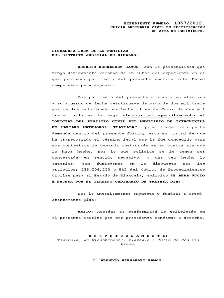 Escrito Solicitando Apertura Periodo Probatorio Abundio Hernández Ramos ...