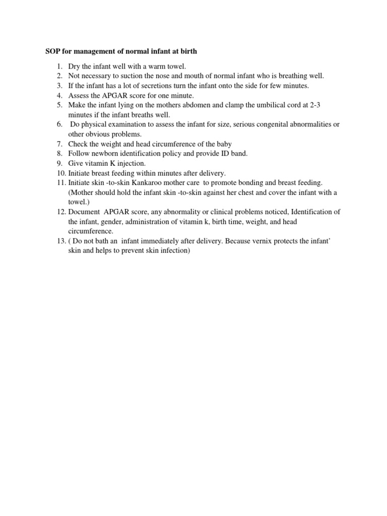 SOP For Care of Normal Infant at Birth | PDF