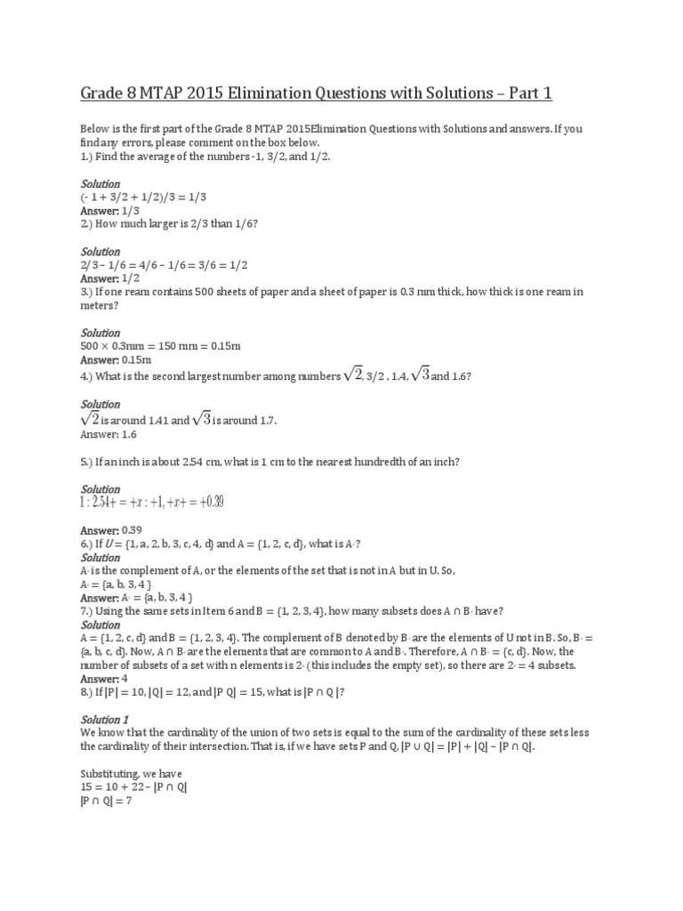 2015 Metrobank MTAP DepEd Math Challenge Grade 8 | PDF | Set ...