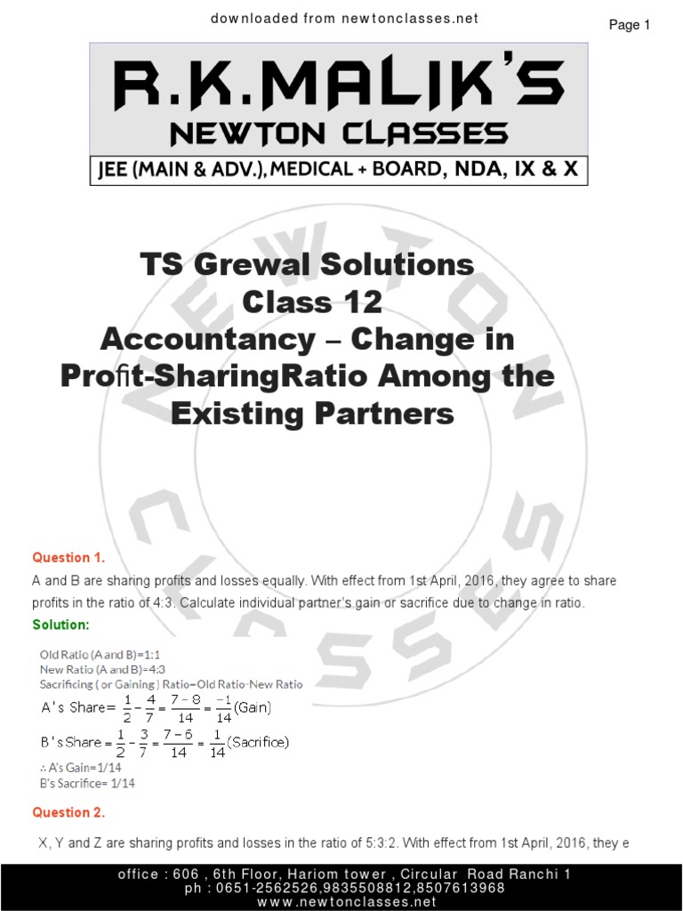 TS Grewal Solutions For Class 12 Accountancy Change In Profit Sharing