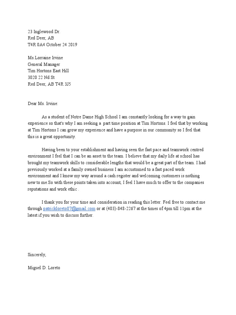 Part-Time Job Application at Tim Hortons | PDF
