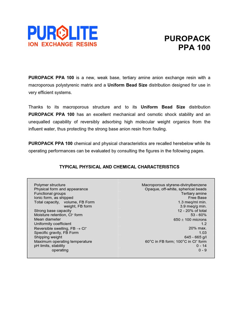 PPA100 - Anion - Weak Base Anion Exchanger | PDF | Ion | Chemistry