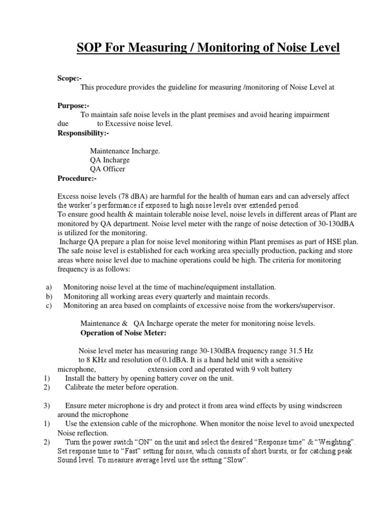 SOP For Measuring Monitoring of Noise Level | PDF | Noise | Microphone