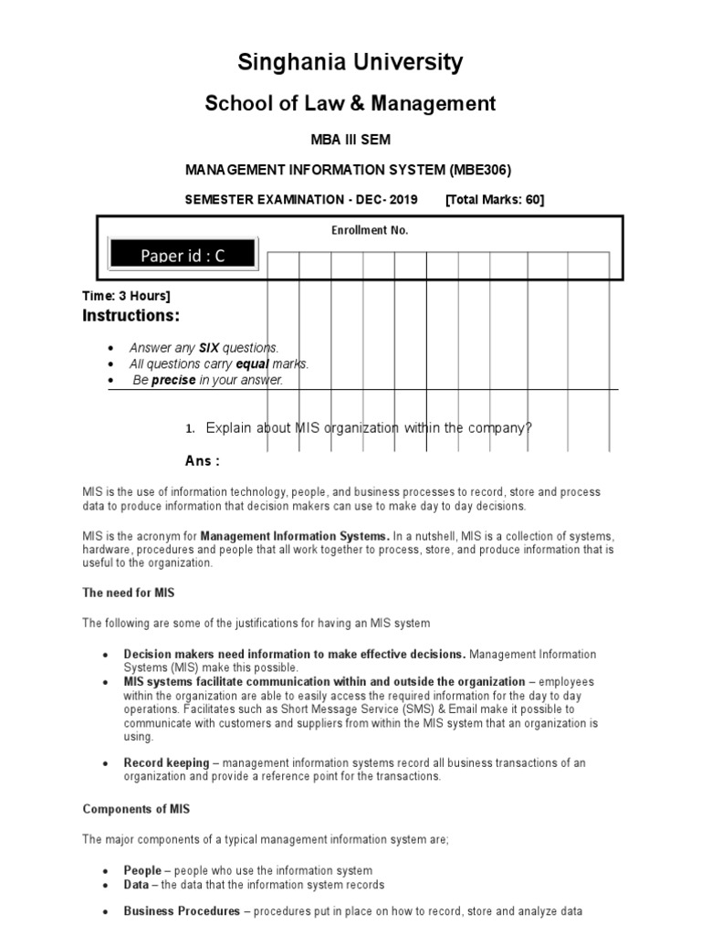Mba-3 Sem Management Information System | PDF | Management Information ...