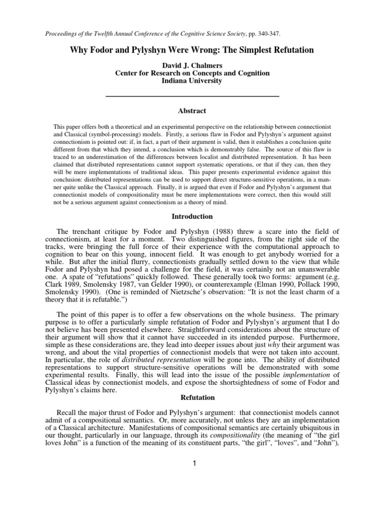 Why Fodor and Pylyshyn Were Wrong: The Simplest Refutation | PDF ...
