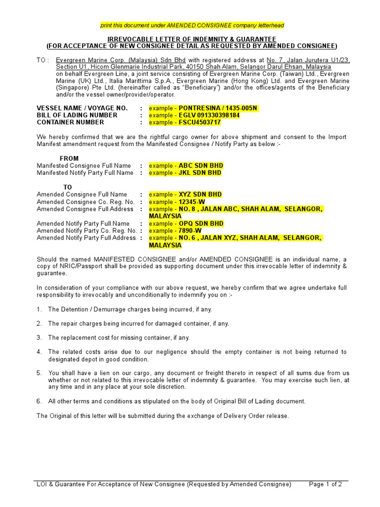 Irrevocable Letter of Indemnity for Consignee | PDF | Consignee | Indemnity