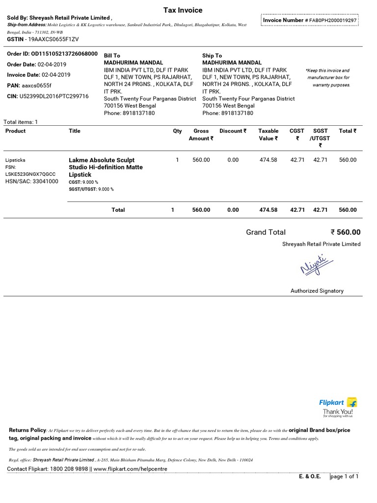 Flipkart GST Invoice Sample for Buyers | PDF | Taxes | Business
