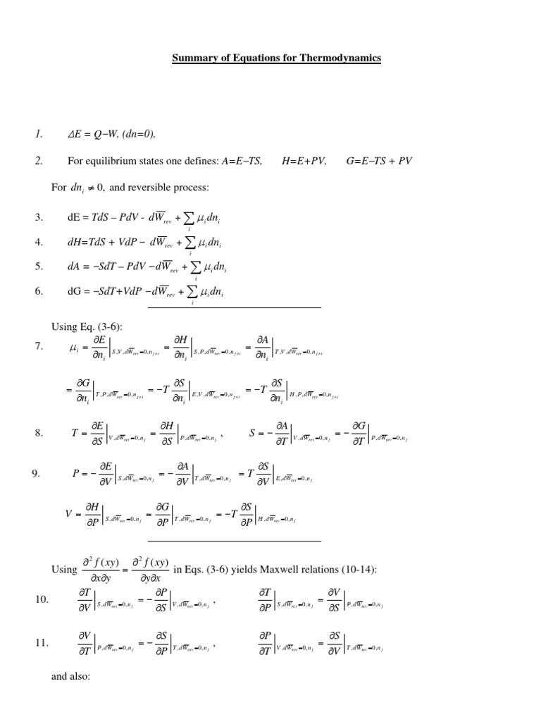 Thermodynamics Equations Summary | PDF