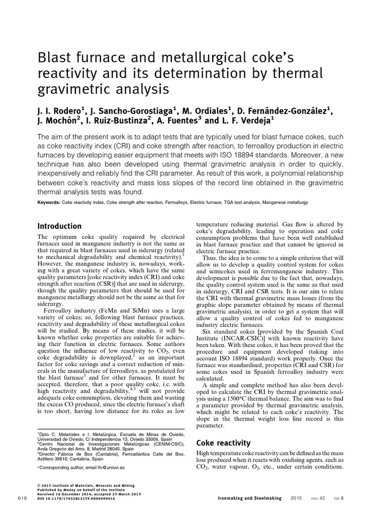 Cokes Reactivity Index | PDF | Coke (Fuel) | Thermogravimetric Analysis