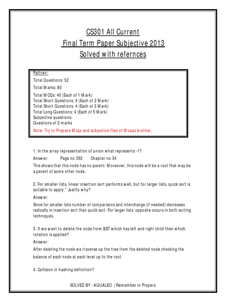 CS301 Finalterm Subjective 2013 Solved - 2 | PDF | Array Data Structure | Algorithms And Data ...