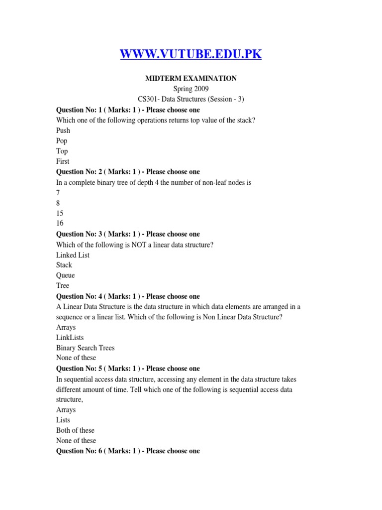 Cs301 Data Structures Exam 2009 Pdf Queue Abstract Data Type Algorithms And Data Structures