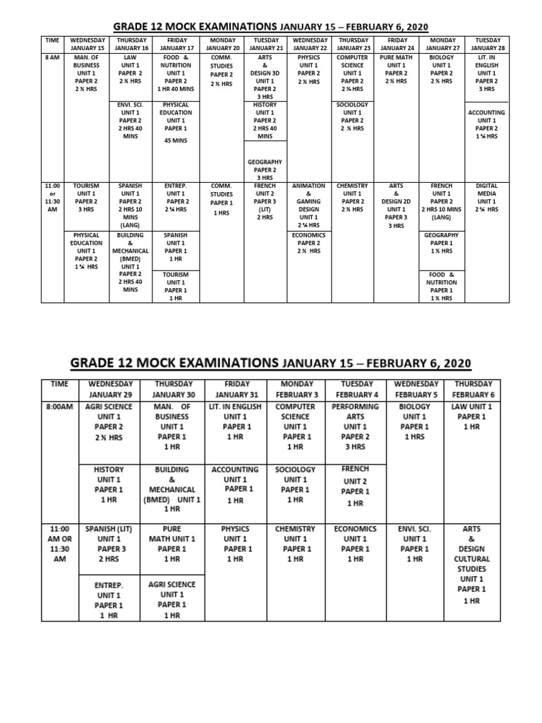 Grade 12 Mock Exam Schedule 2020 | PDF