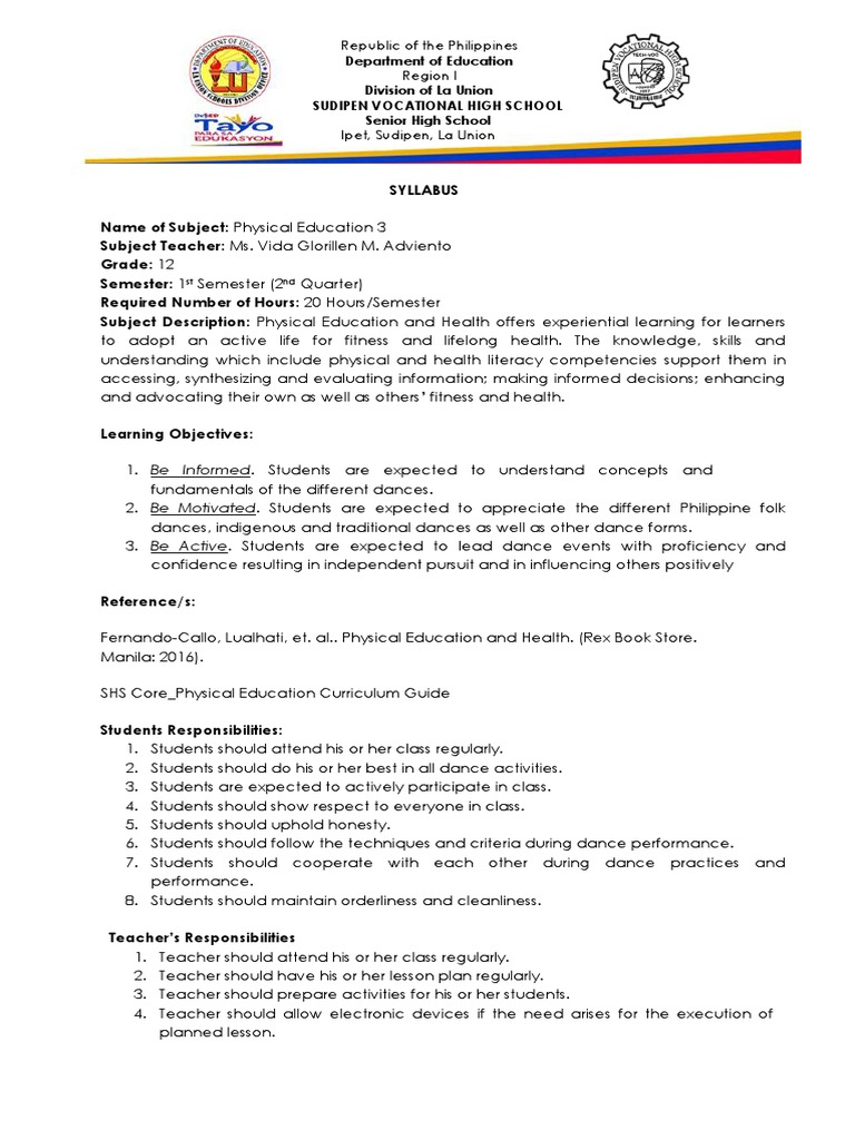 Syllabus - PE3 2ndquarter | PDF | Physical Education | Teachers