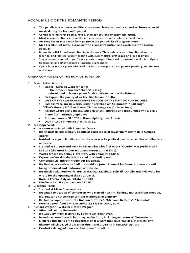 Music Romantic Period | PDF | Opera | Franz Schubert