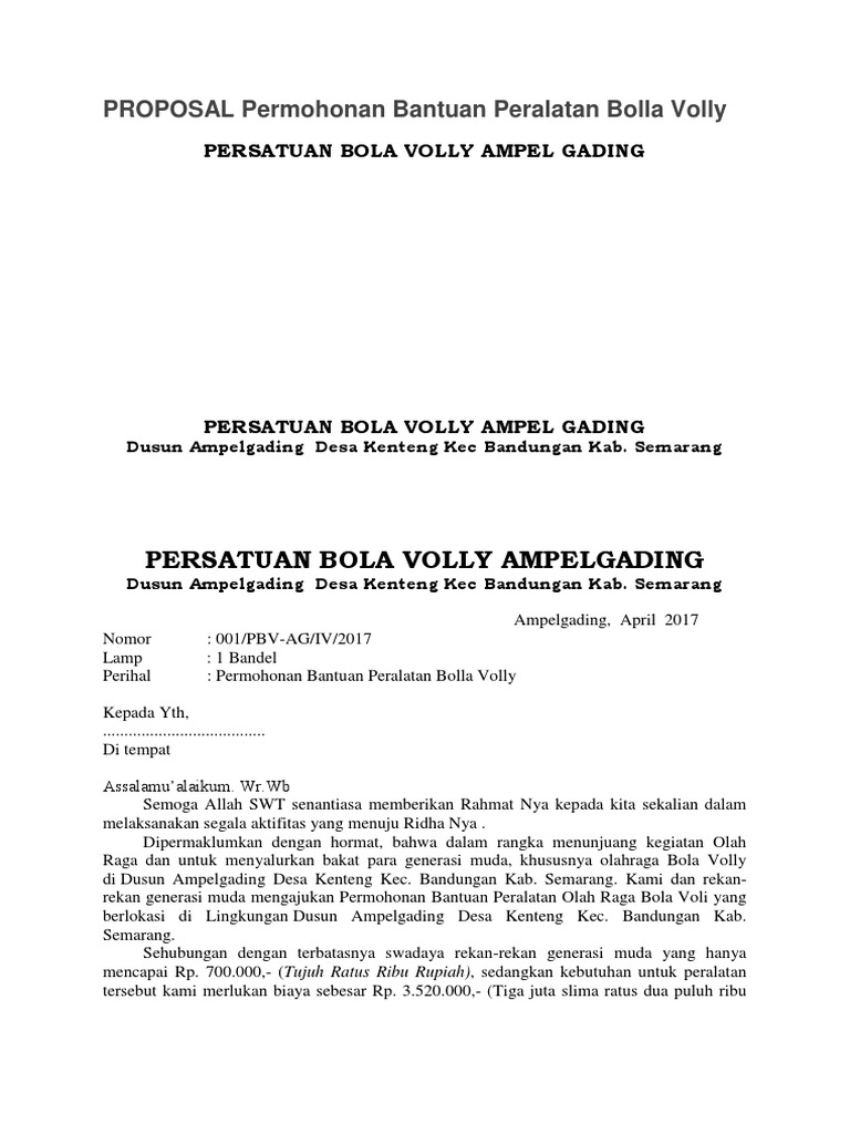 PROPOSAL Permohonan Bantuan Peralatan Bolla Volly | PDF