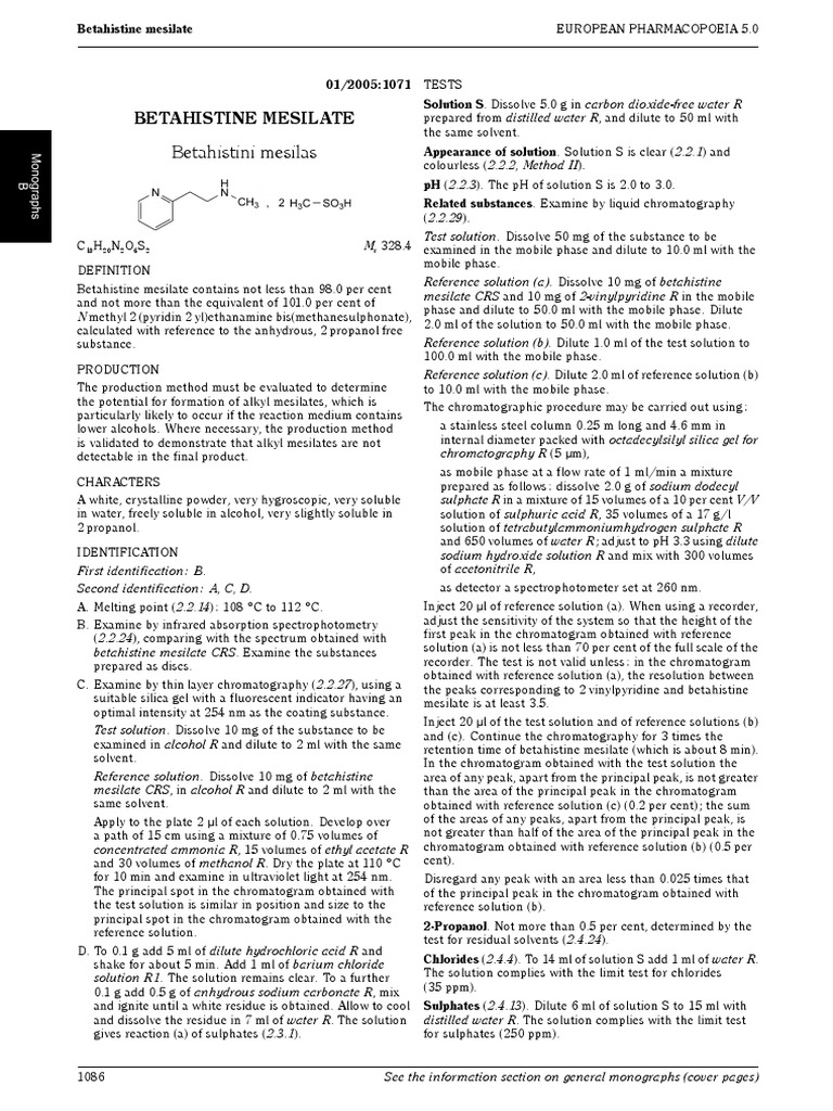 Betahistine Mesilate | PDF | Solution | Solubility