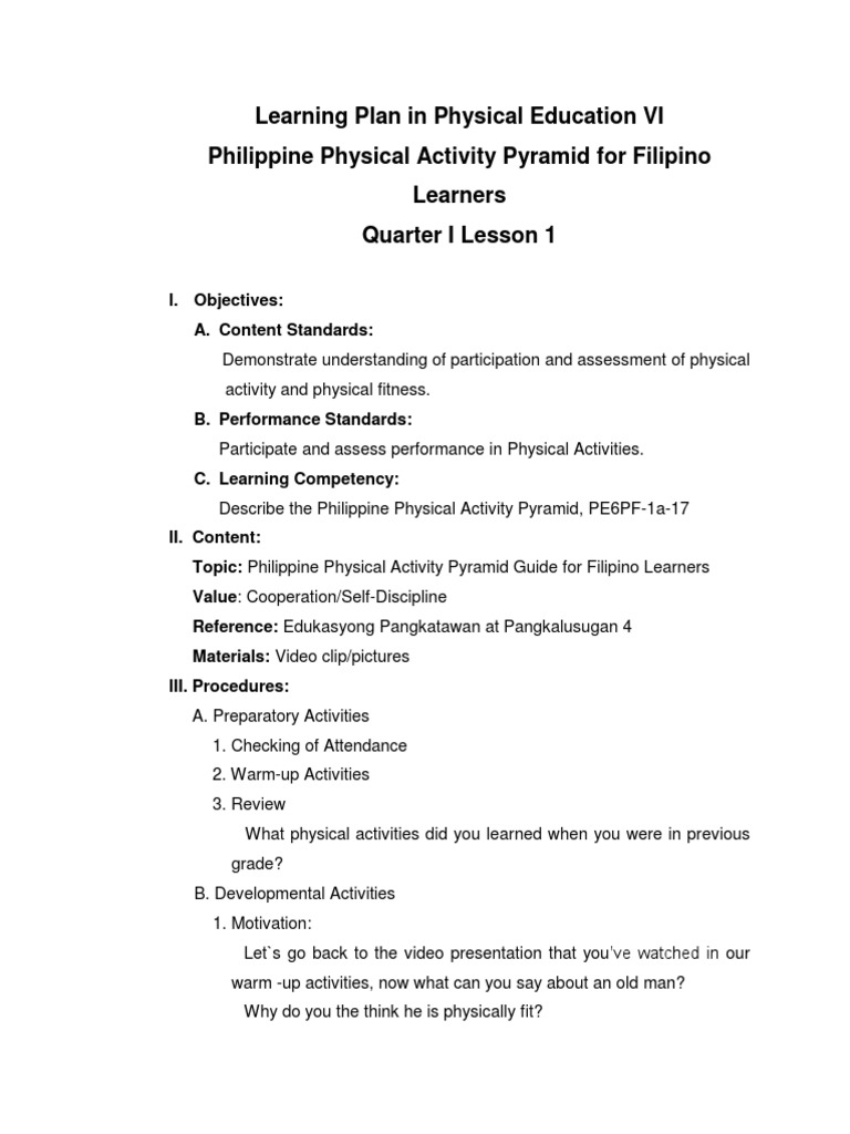 Lesson Plan Pe 6 | PDF | Physical Education | Rubric (Academic)