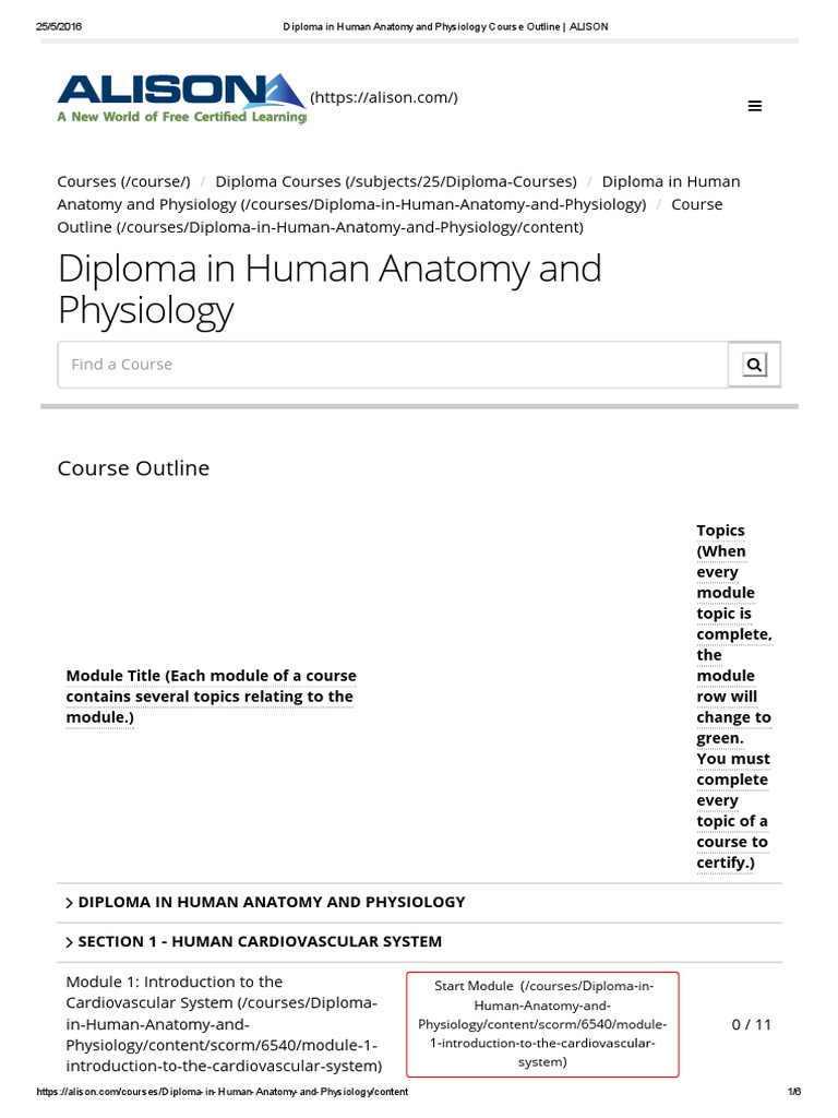 Diploma in Human Anatomy and Physiology Course Outline - ALISON | PDF ...