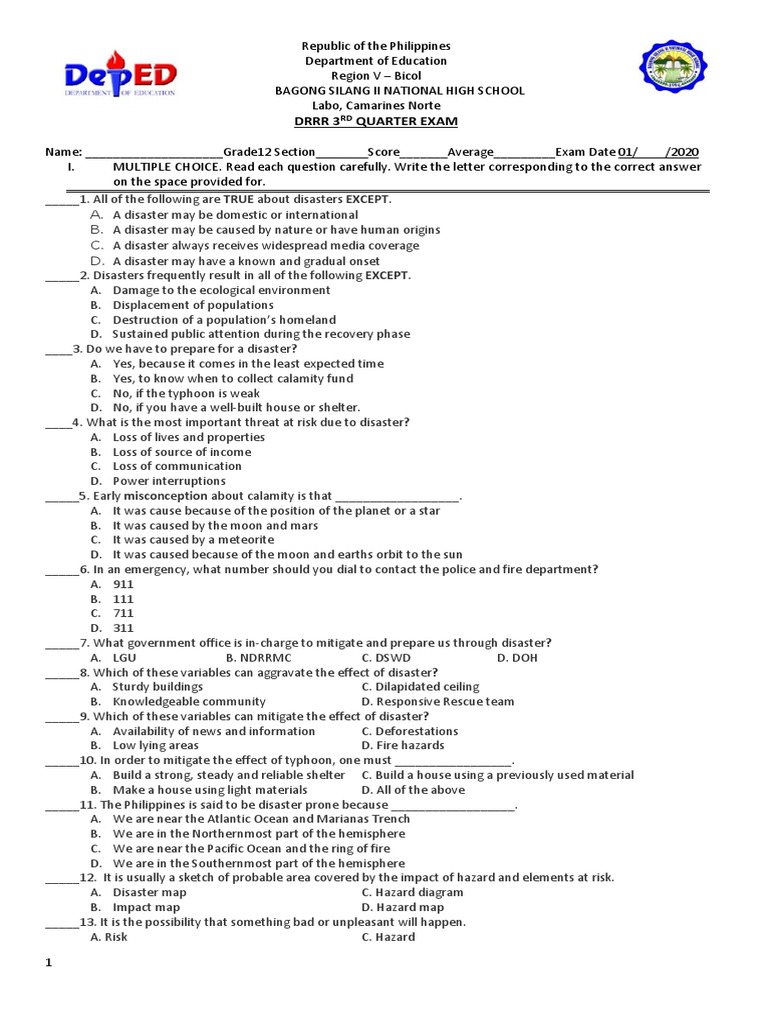 DRRR 3rd Quarter Exam for Grade 12 | PDF | Earthquakes | Hazards