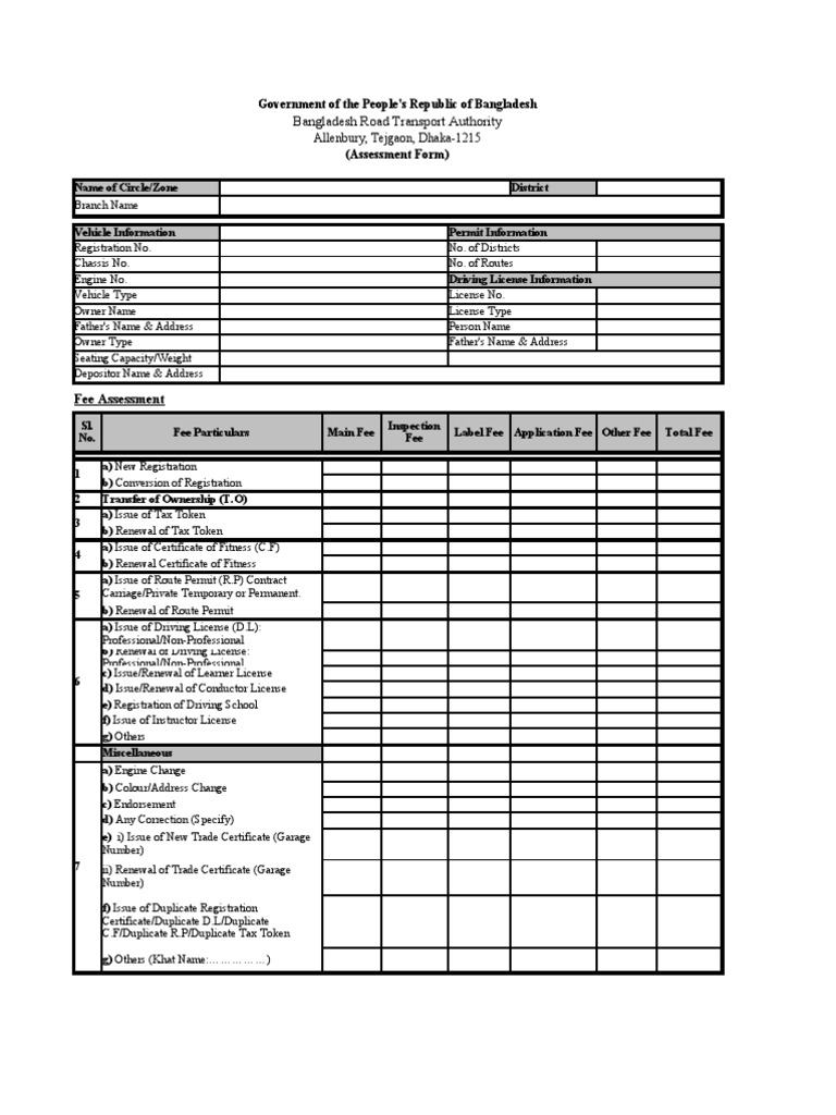 BRTA Assessment Form | Driver's License | License