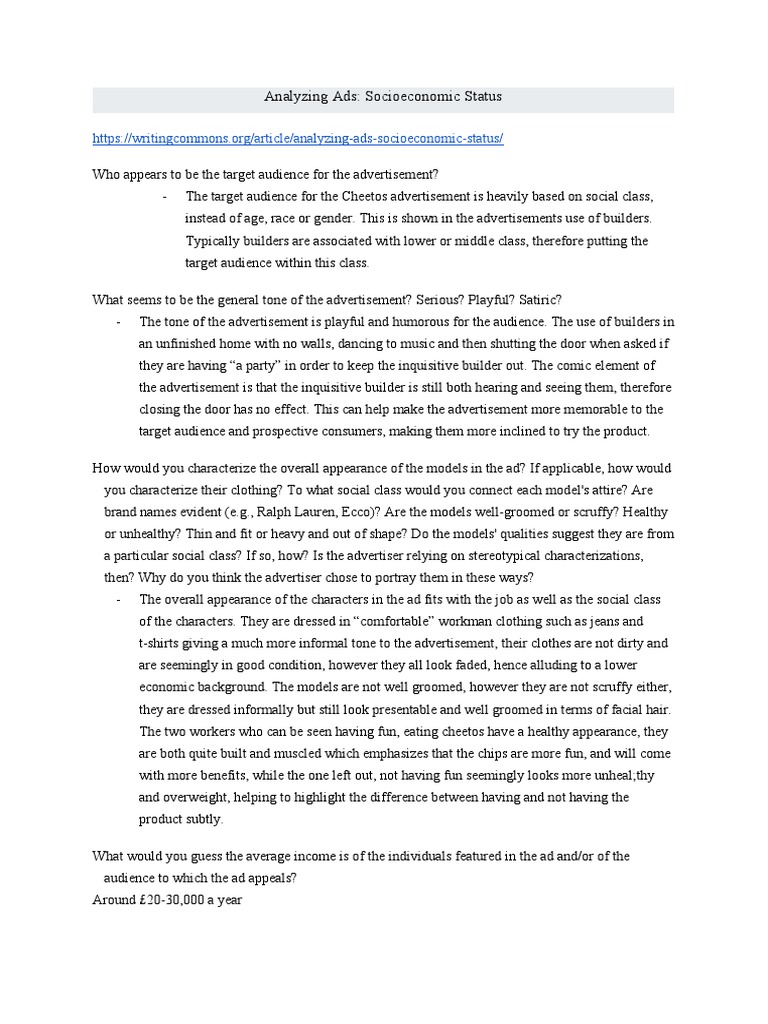 Analyzing Ads Socioeconomic Status | PDF | Advertising | Psychological ...