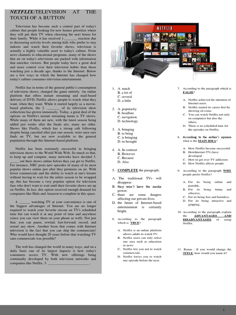 Internet Television Reading Comprehension Exercises Tests Worksheet Te ...