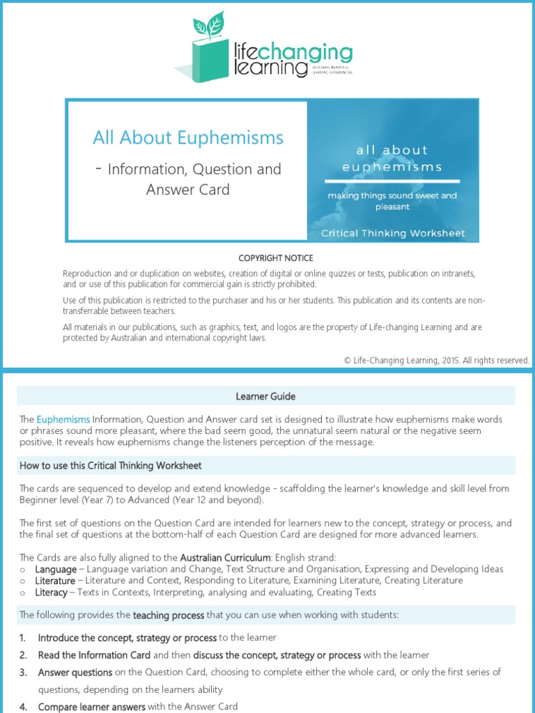 Euphemisms Worksheet Set | PDF | Question | Learning
