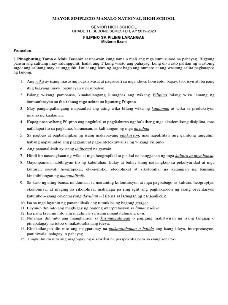 Filipino Sa Piling Larangan Midterm Exam | PDF