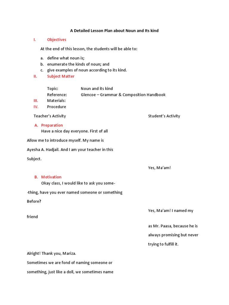 Detailed Lesson Plan on Nouns | PDF | Plural | Noun