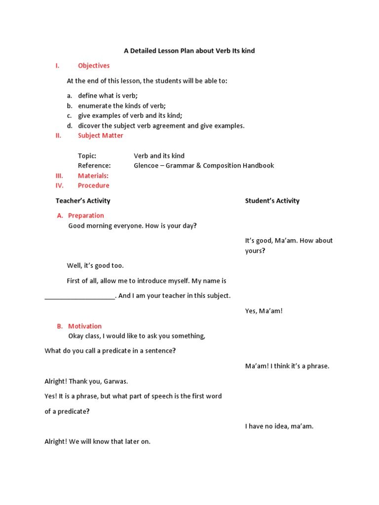 Detailed Verb Lesson Plan for Grades 1-4 | PDF | Grammatical Number | Verb