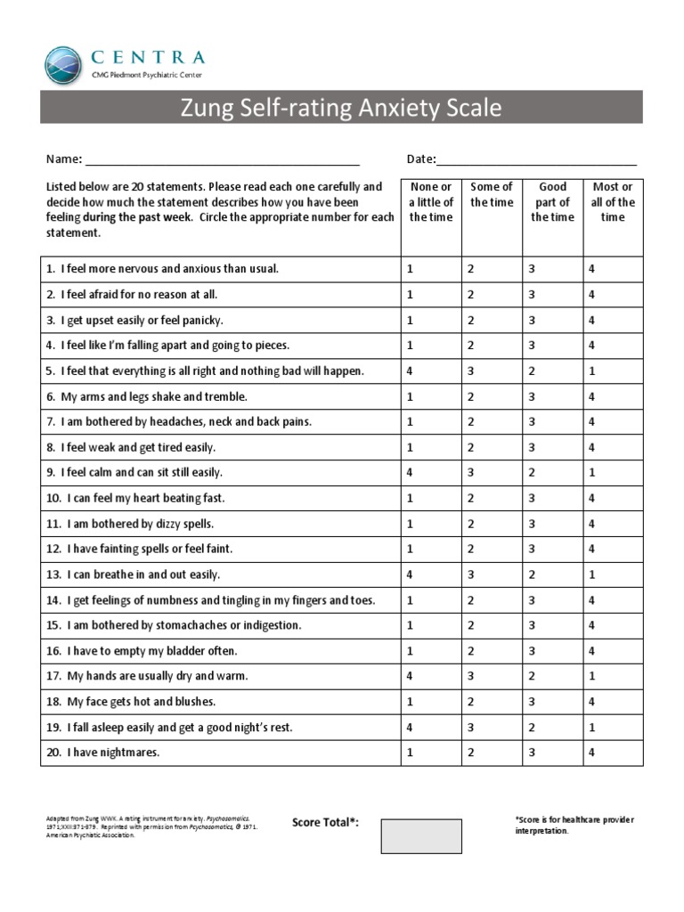 Zung Self-Rating Anxiety Scale | PDF | Diseases And Disorders ...