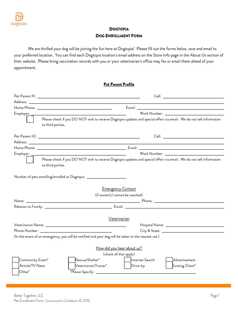 Dogtopia Pet Enrollment Form Fillable Condensed 08.15.16 | PDF | Leash ...