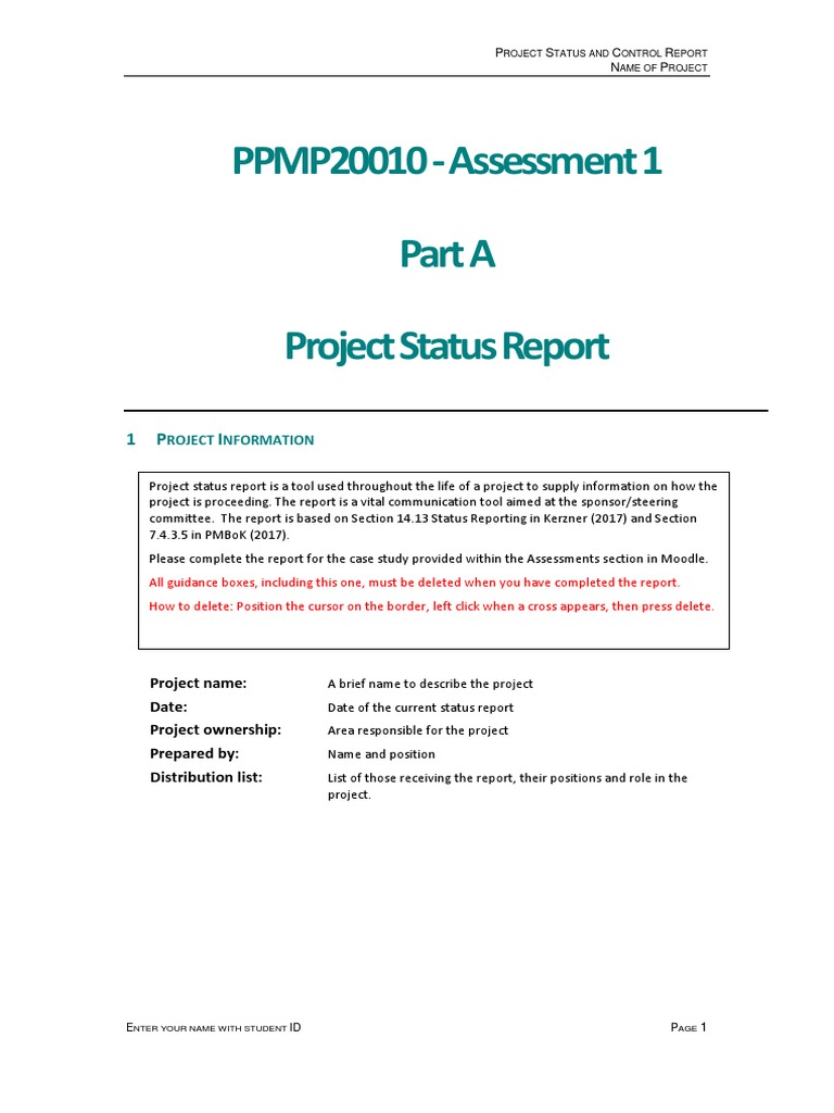 PPMP20010 Assessment 1 - Project Status and Control Reports - Template ...
