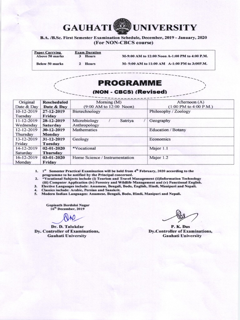 GU Routine 1st Semester Non CBCS | PDF