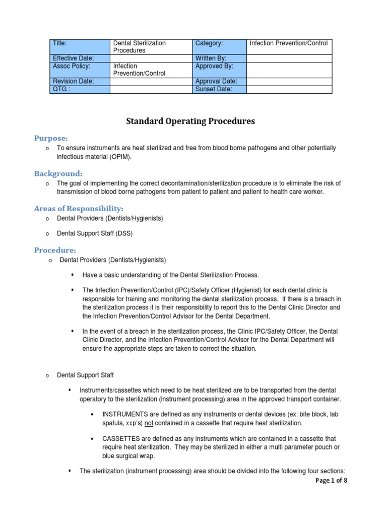 SOP Dental Sterilization | PDF | Infection Control | Sterilization ...