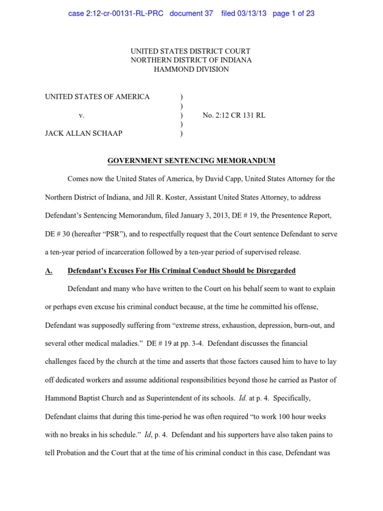 Jack Schaap Sentencing Memorandum | PDF | Plea | Plea Bargain