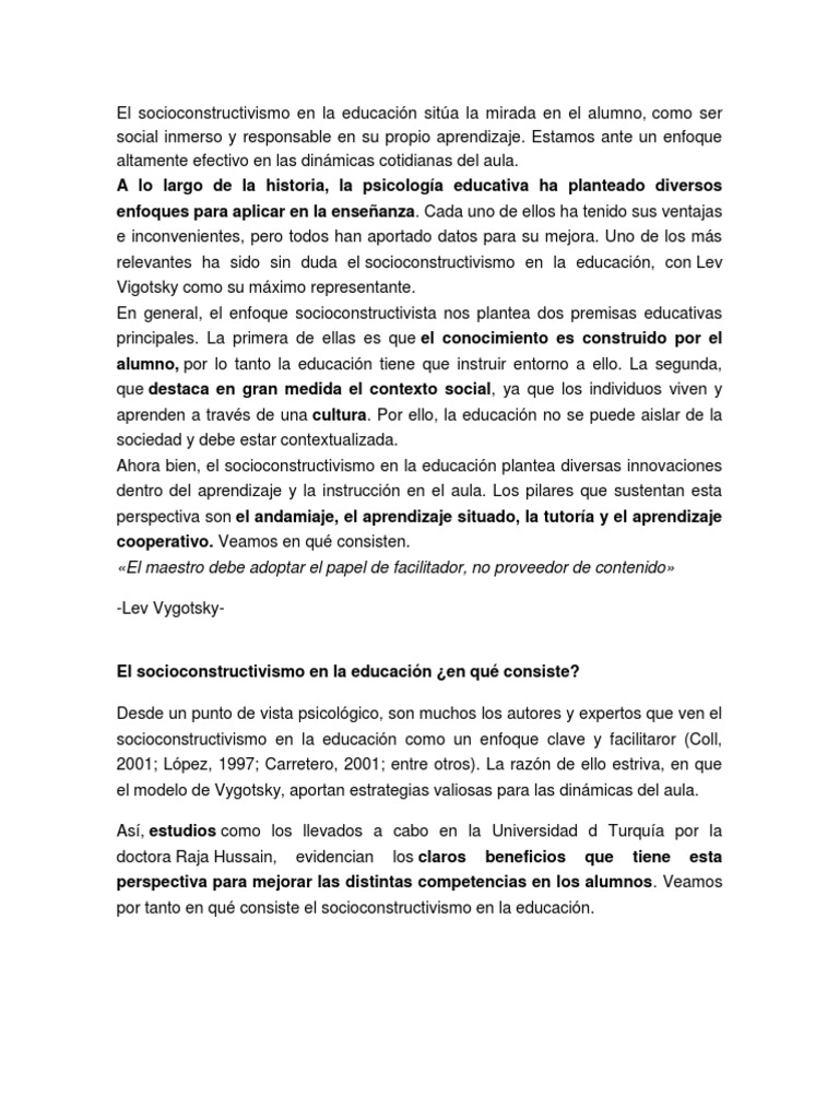 El Socioconstructivismo en La Educación Sitúa La Mirada en El Alumno | PDF | Maestros | Aprendizaje
