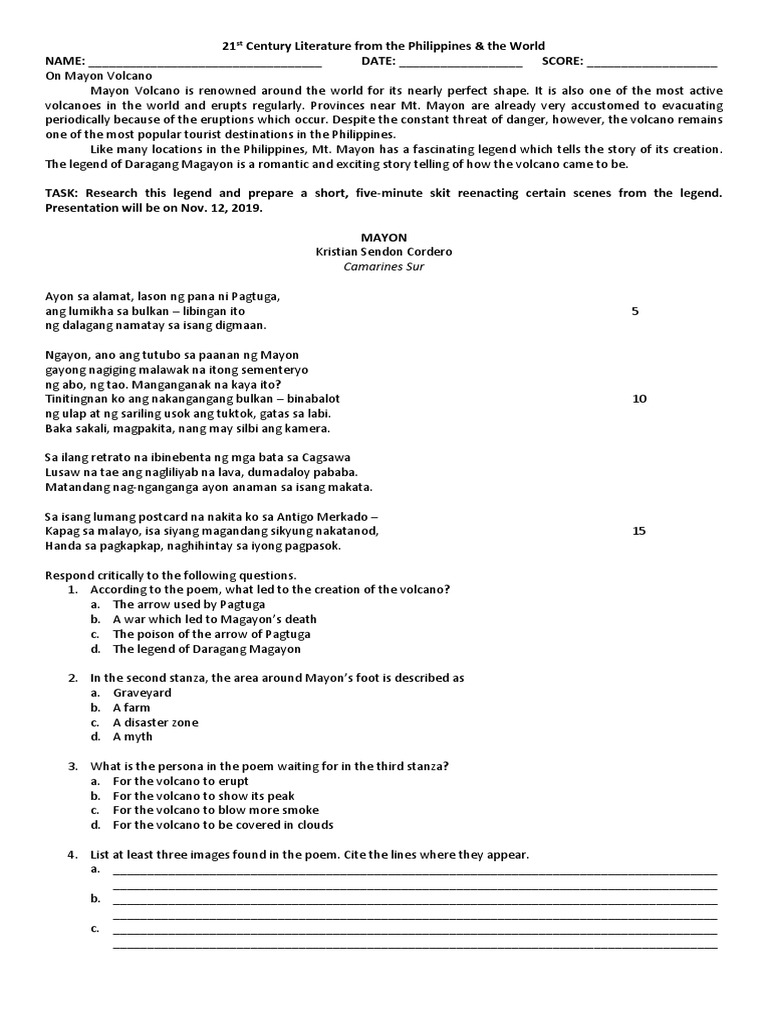 Mayon Volcano: Legend and Poem Analysis | PDF | Volcano | Poetry