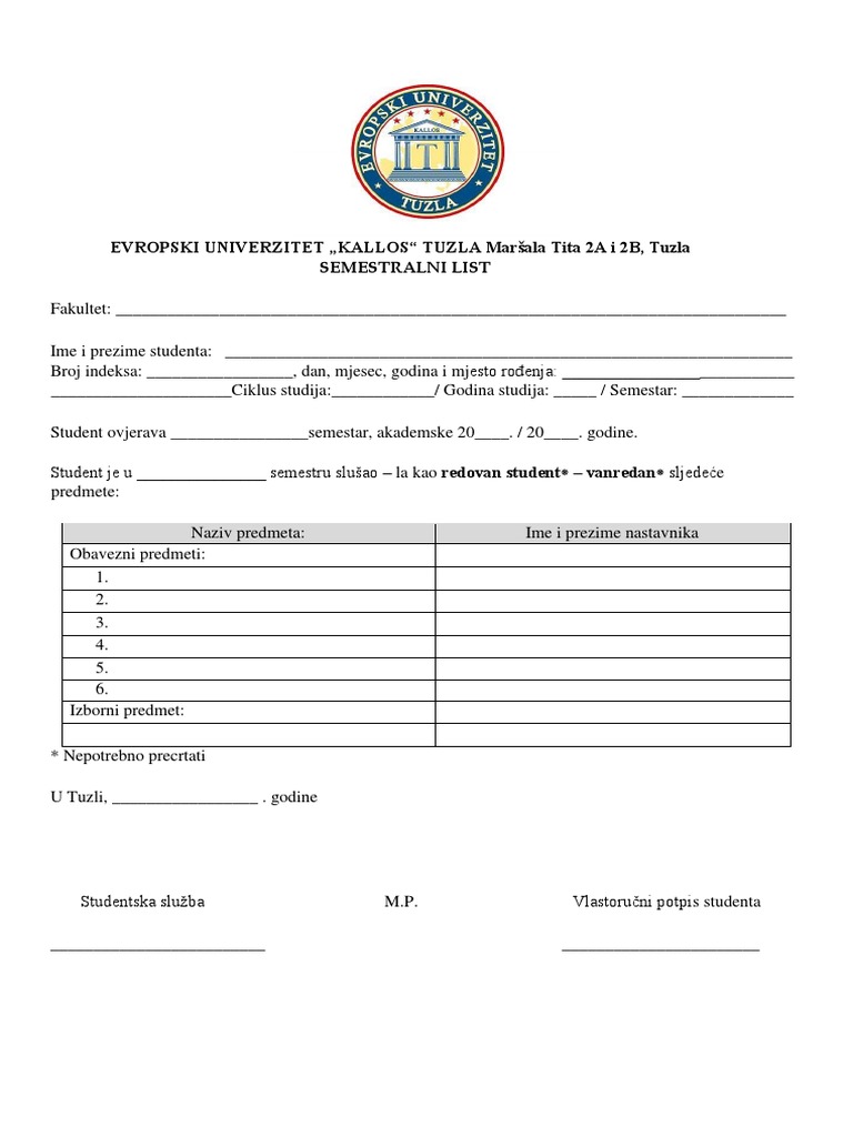 Obrazac SL Semestralni List I Ciklus | PDF