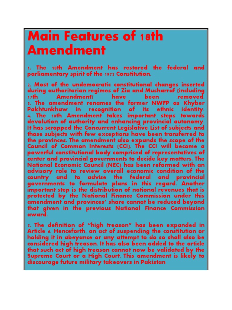 Main Features of 18th Amendment PDF | PDF | Government Institutions ...